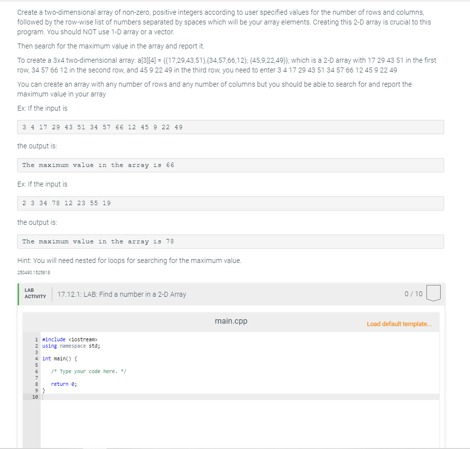 Solved Create a two-dimensional array of non-zero, positive | Chegg.com