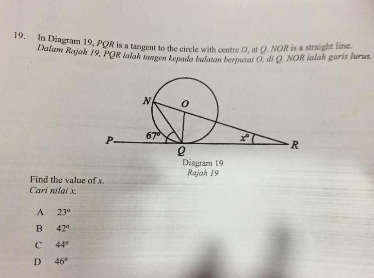 Solved 19. In Diagram 19, PQR is a tangent to the circle | Chegg.com