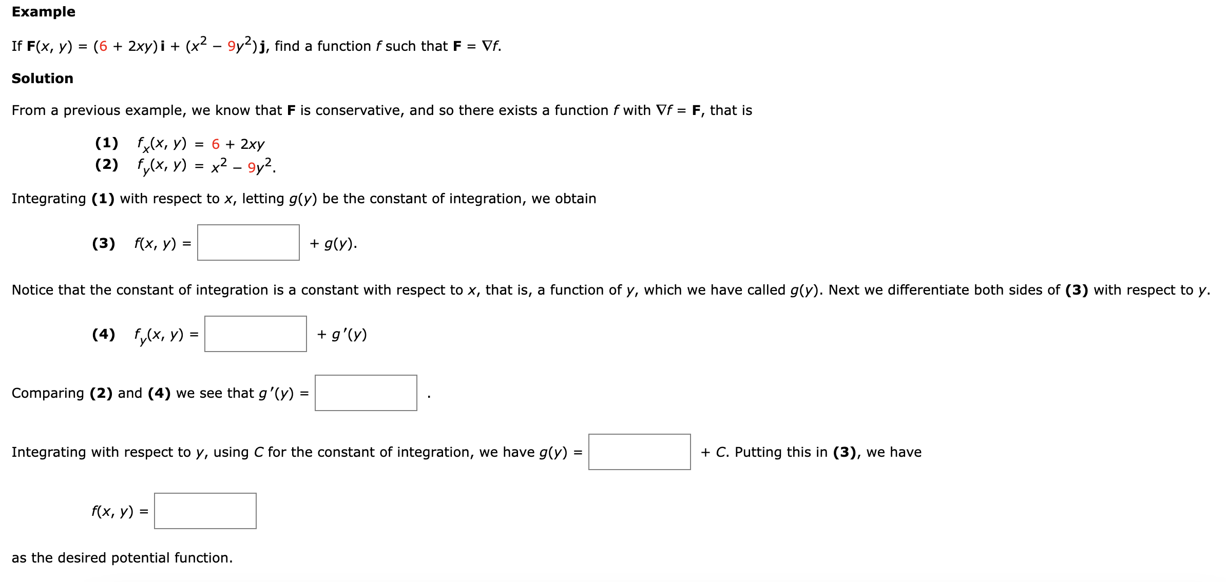 Solved ExampleIf F(x,y)=(6+2xy)i+(x2-9y2)j, ﻿find a function | Chegg.com