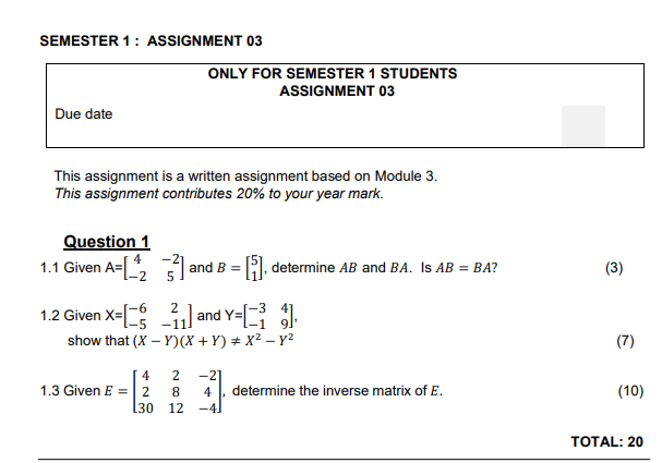 Solved SEMESTER 1: ASSIGNMENT 03 ONLY FOR SEMESTER 1 | Chegg.com
