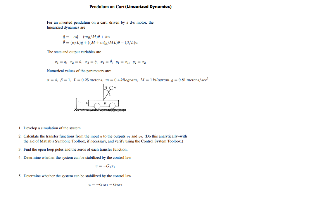 Pendulum on Cart (Linearized Dynamics) For an | Chegg.com