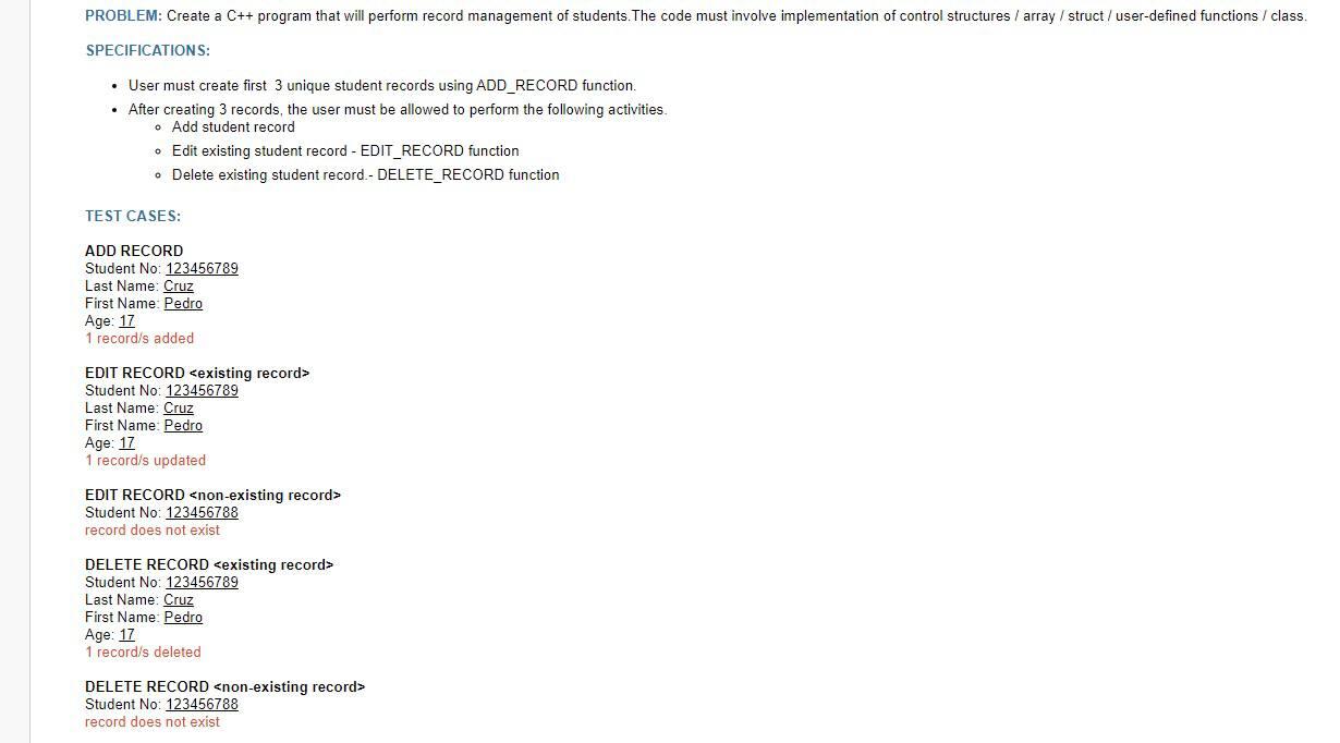 Solved PROBLEM: Create a C++ program that will perform | Chegg.com