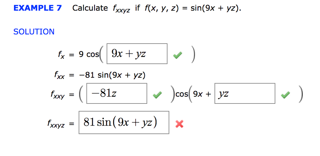 Solved EXAMPLE 7 Calculate fxyz if f(x, y, z) sin(9x yz) | Chegg.com