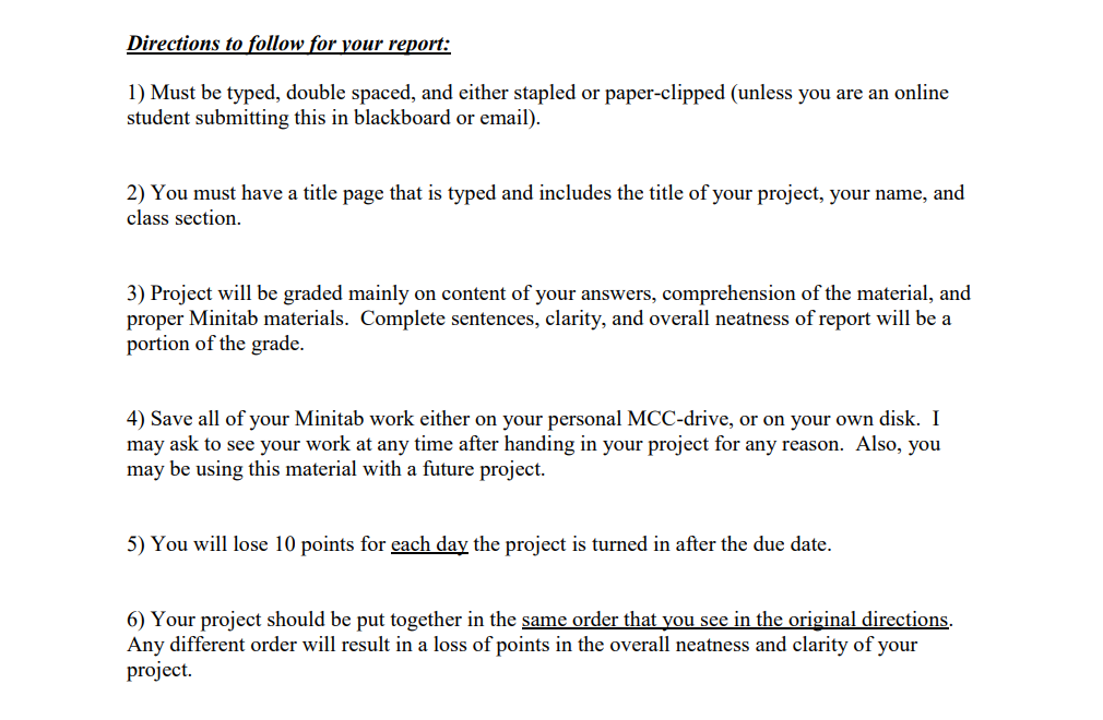 MTH 160 - Statistics: Minitab Project #1 Part 1 - | Chegg.com