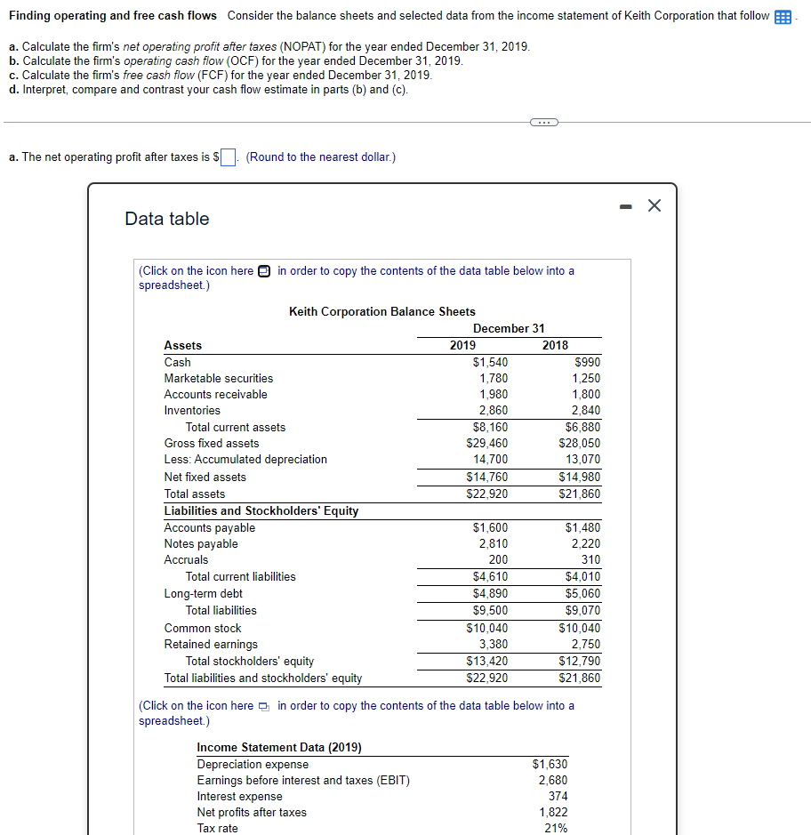 Solved Finding operating and free cash flows Consider the | Chegg.com