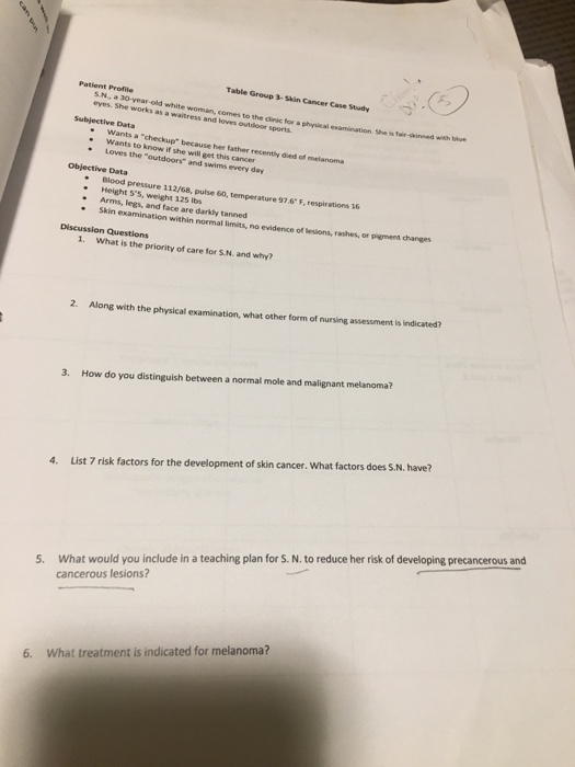 Solved Table Group 3- Skin Cancer Patient Profile Case Study | Chegg.com