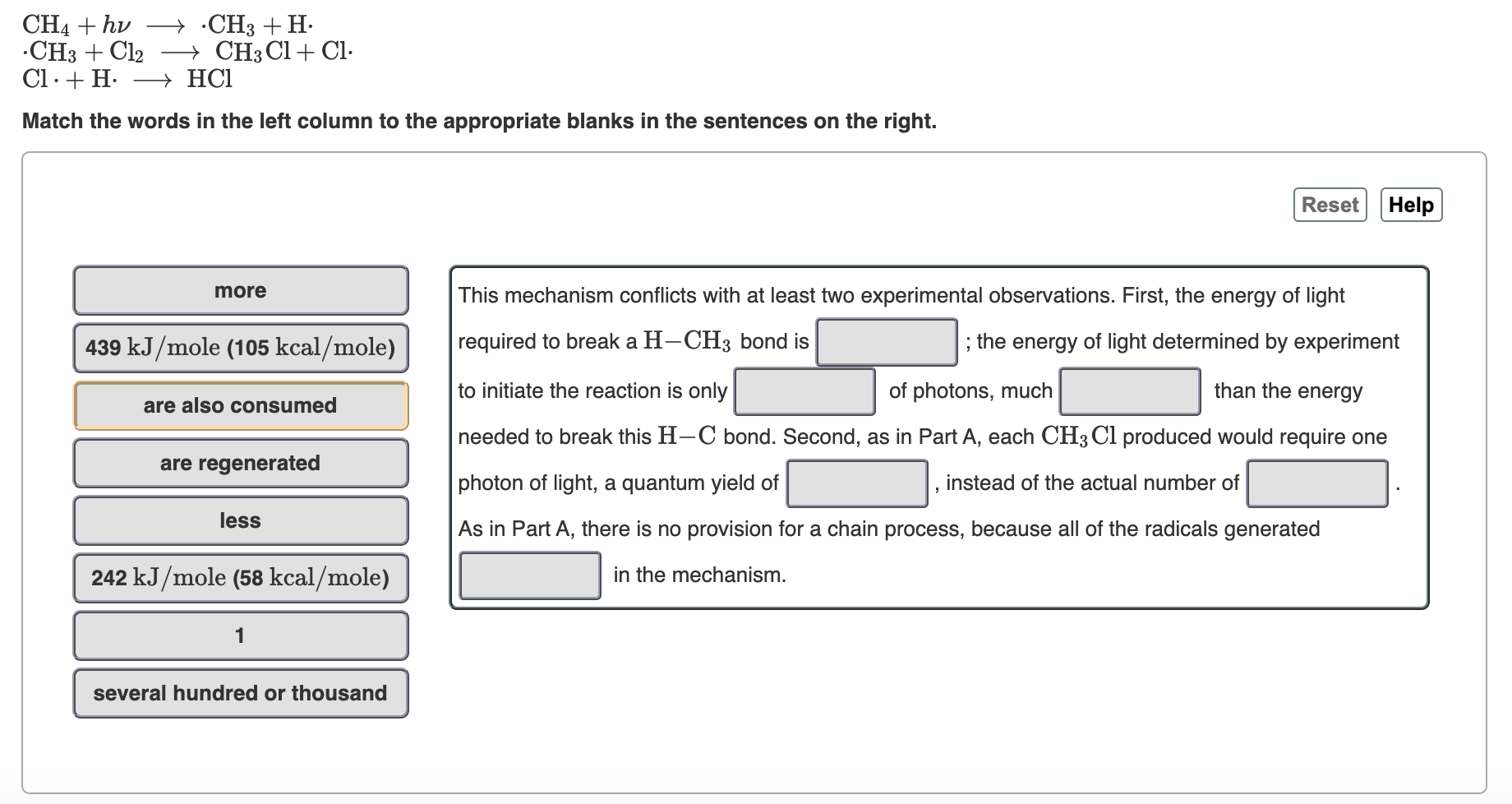 Solved Ch4 Hv Ch3 H Ch3 Cl2 Ch3cl Cl Cl H