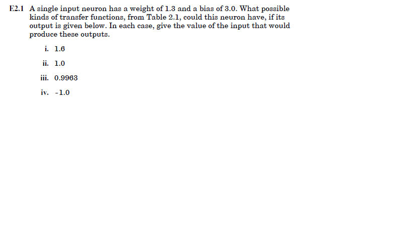 Solved E2.1 A single input neuron has a weight of 1.3 and a | Chegg.com