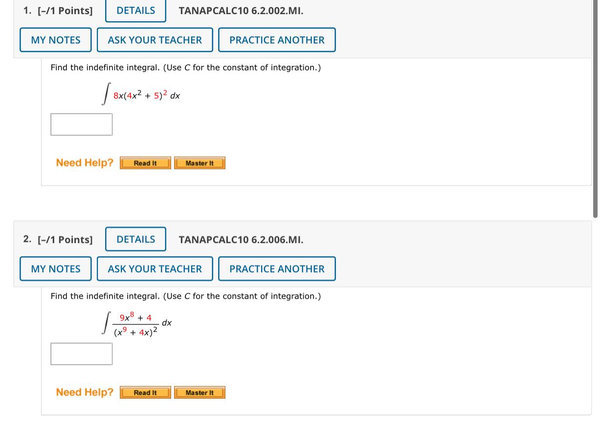 Solved 1. [-/1 Points] DETAILS TANAPCALC10 6.2.002.MI. MY | Chegg.com