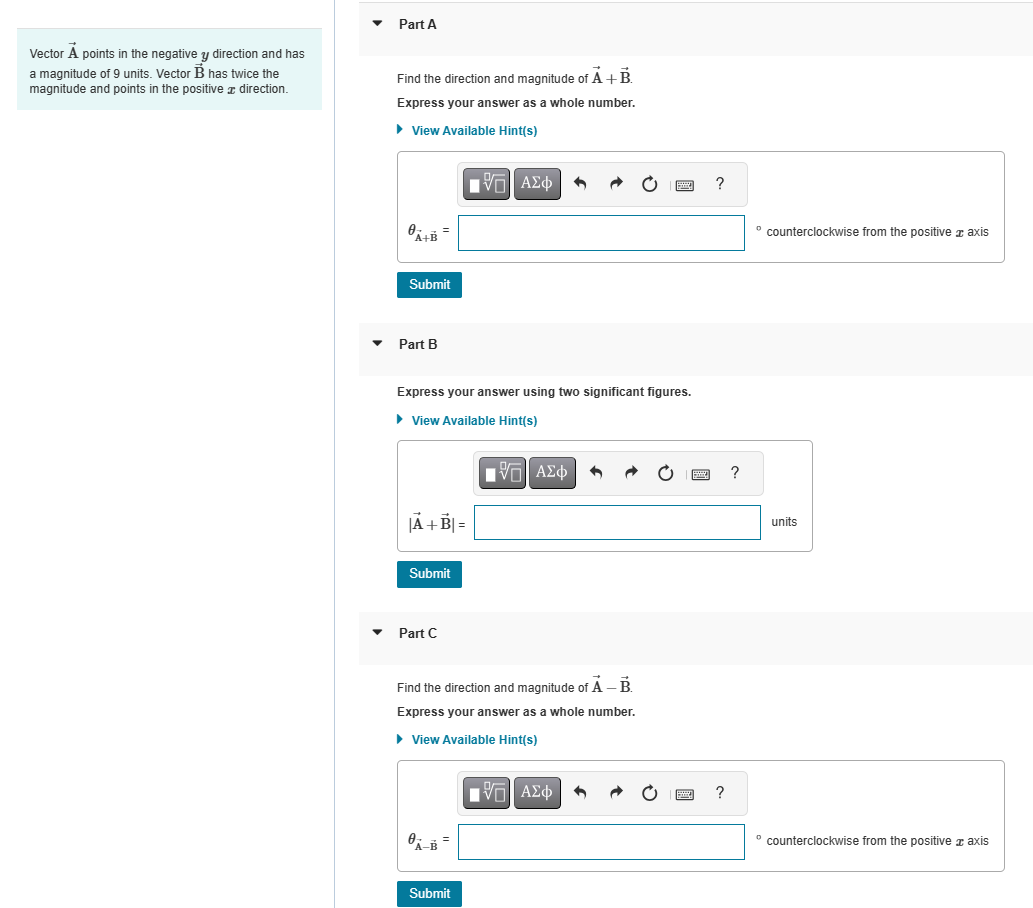 Solved Vector vec(A) ﻿points in the negative y ﻿direction | Chegg.com