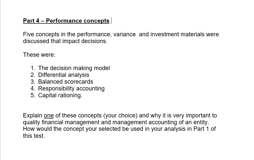 Solved Part 4 – Performance concepts Five concepts in the | Chegg.com