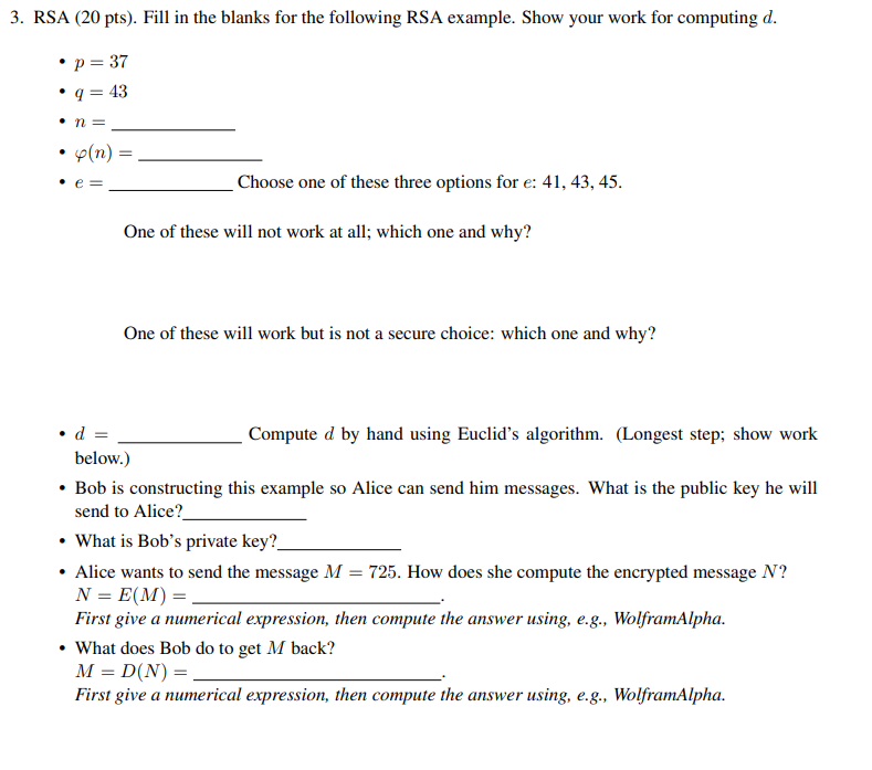 Solved 3. RSA ( 20 pts). Fill in the blanks for the | Chegg.com