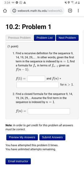 Solved 公 ⓘwebwork.math.ttu.edu/webwork2 。 10.2: Problem 1 | Chegg.com