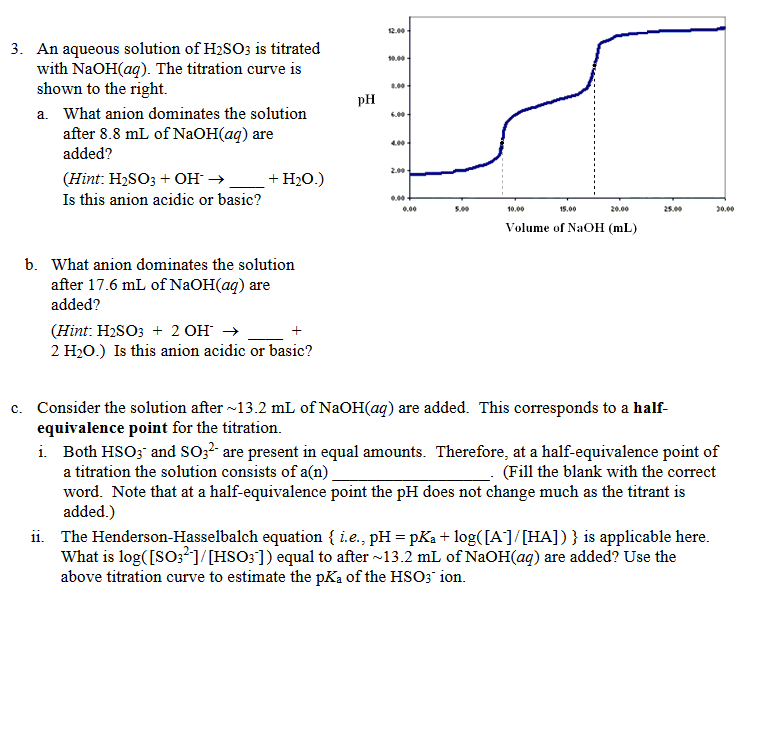 Solved 12.00 1.00 pH 3. An aqueous solution of H2SO3 is | Chegg.com