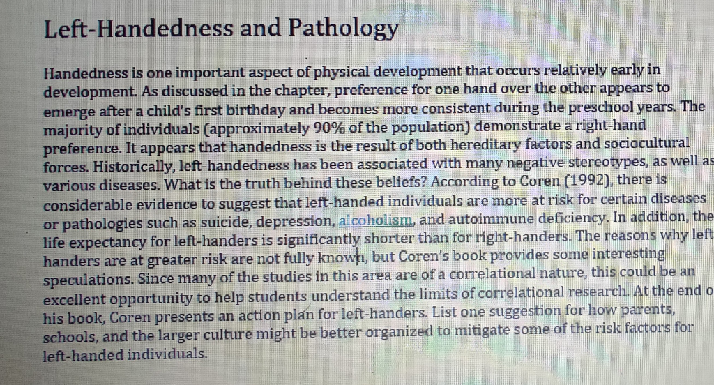Solved Left-Handedness and Pathology Handedness is one | Chegg.com