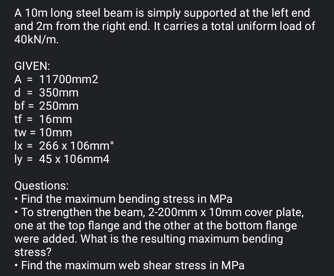 Solved A 10m long steel beam is simply supported at the left | Chegg.com