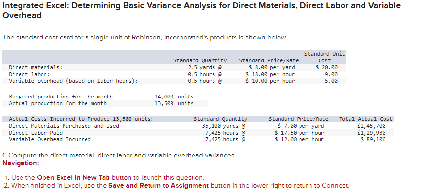 Solved Integrated Excel: Determining Basic Variance Analysis | Chegg.com