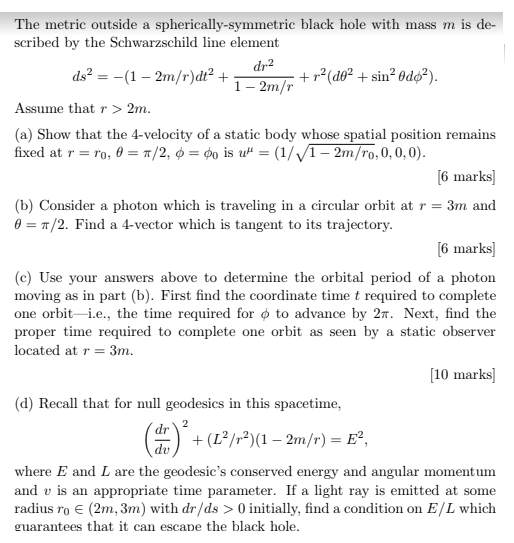 The metric outside a spherically-symmetric black hole | Chegg.com