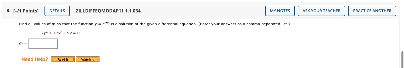 Solved Find all values of m so that the function y = emx | Chegg.com