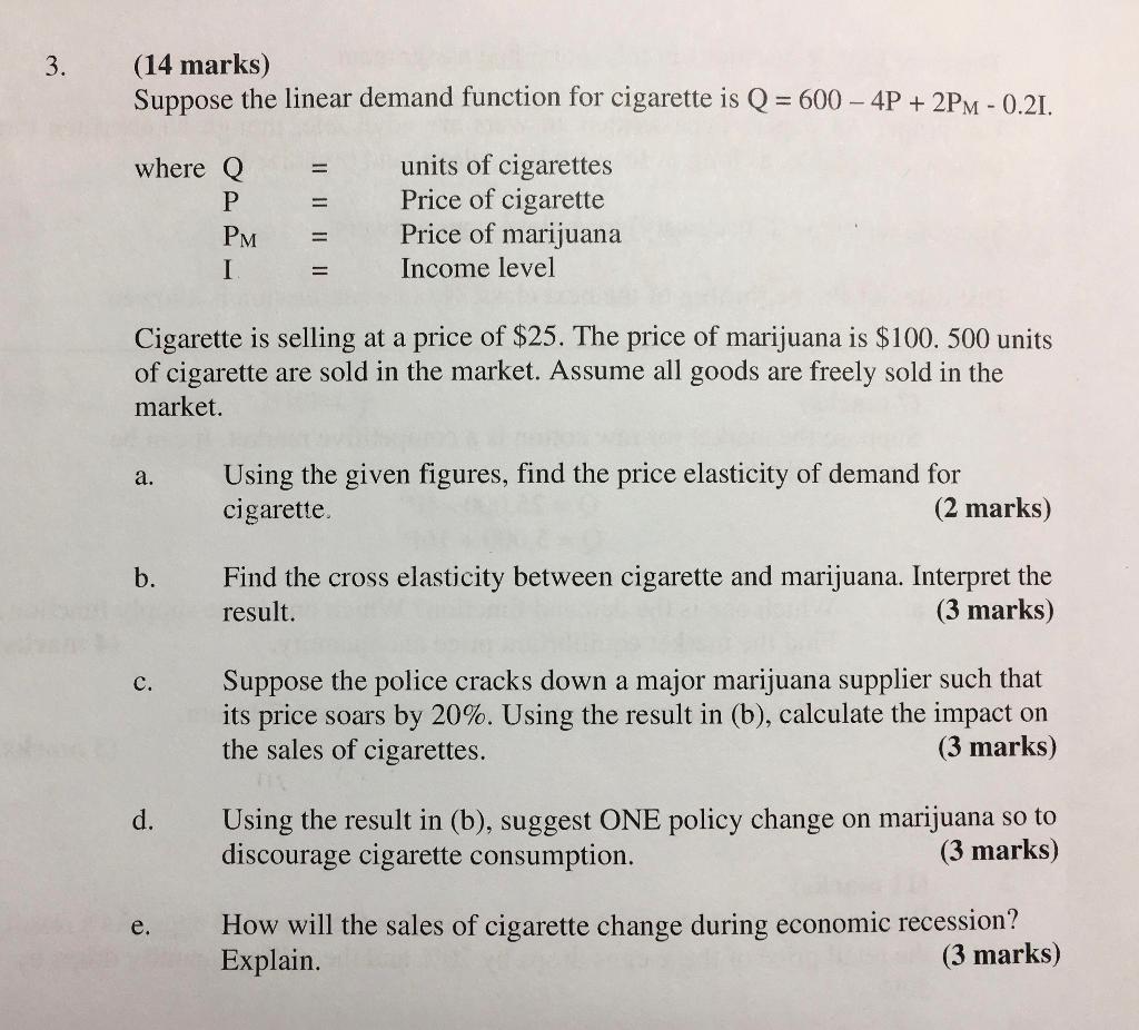 Solved (14 marks) Suppose the linear demand function for | Chegg.com
