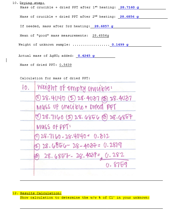 Solved 10. Drying step: Mass of crucible + dried PPT after | Chegg.com