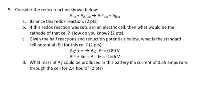 Solved Consider the redox reaction shown below:a. ﻿Balance | Chegg.com