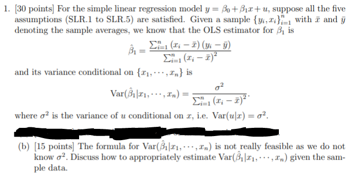 Solved 1. [30 points) For the simple linear regression model | Chegg.com