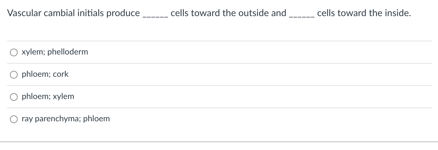 Solved Vascular cambial initials produce ______ cells toward | Chegg.com