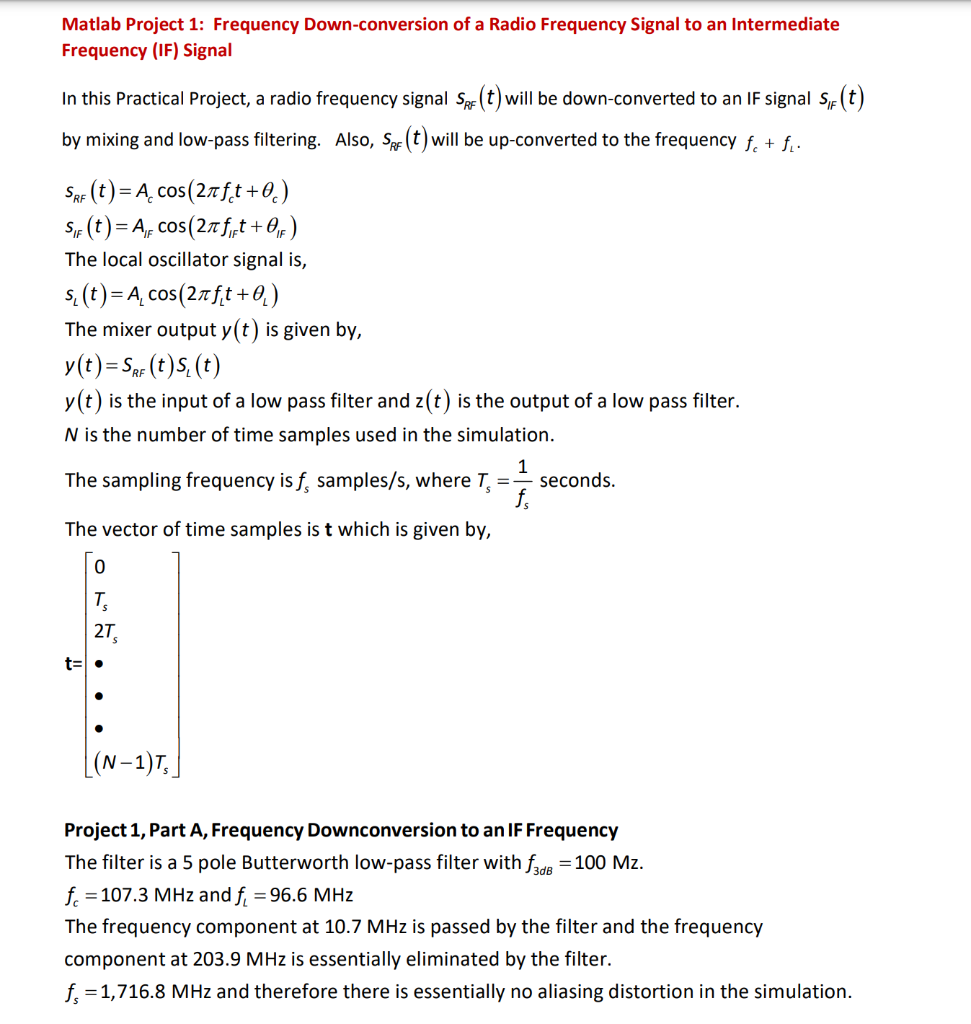 Solved Matlab Project 1: Frequency Down-conversion of a | Chegg.com