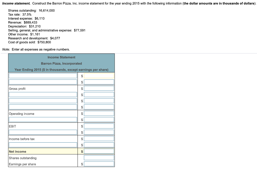 Solved Income statement. Construct the Barron Pizza, Inc. | Chegg.com