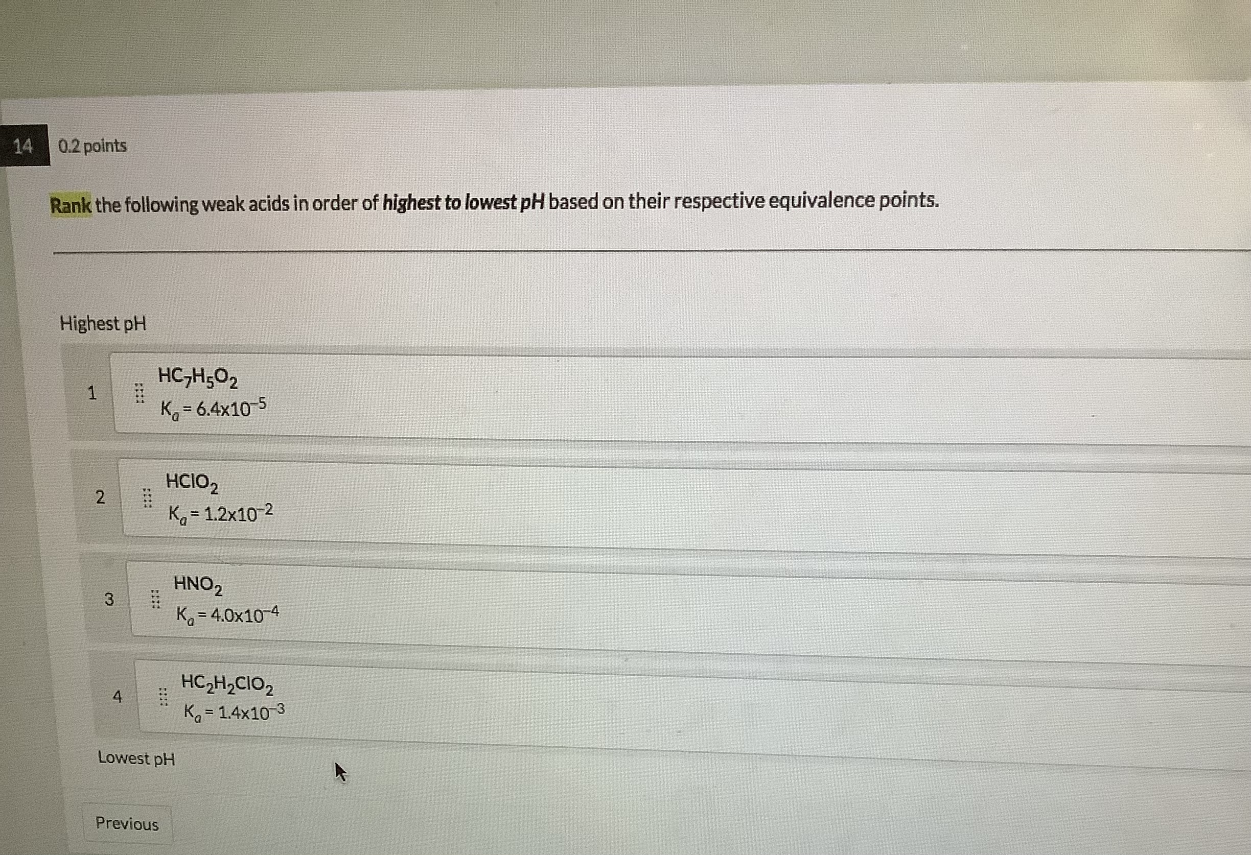 Solved 0.2 points Rank the following weak acids in order of | Chegg.com