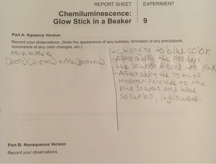 REPORT SHEET EXPERIMENT Chemiluminescence: Glow Stick | Chegg.com