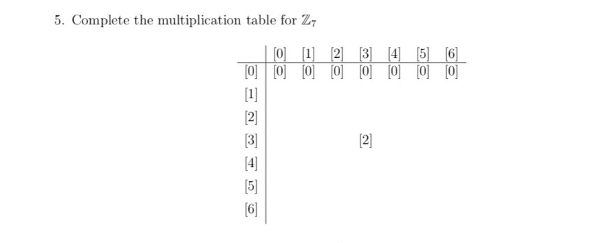 Solved 5. Complete the multiplication table for Z7 ΟΙ [1] | Chegg.com
