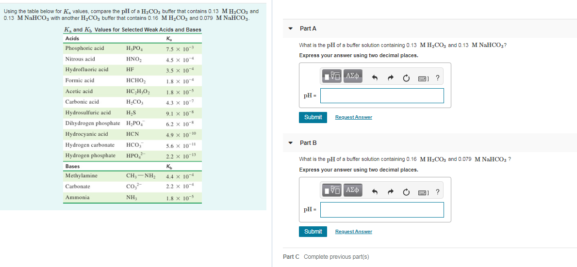 Solved Using the table below for K, values, compare the pH | Chegg.com