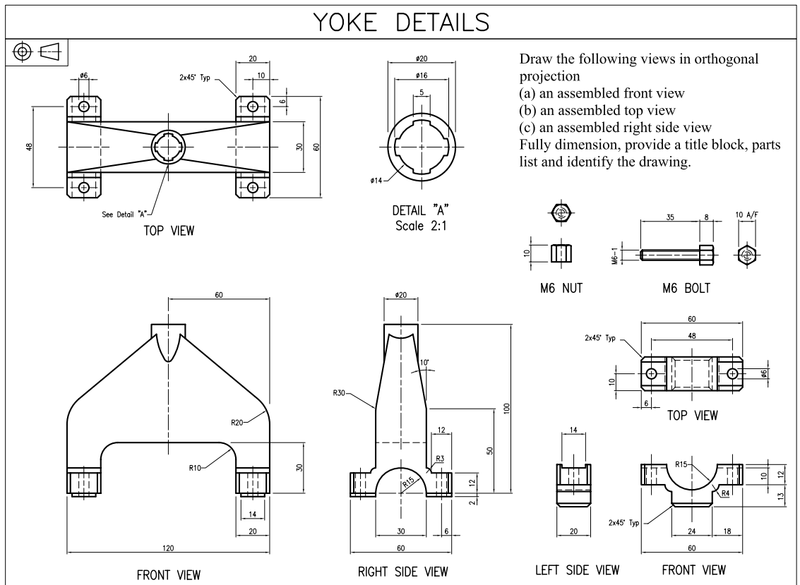 Solved YOKE DETAILS 20 $20 2x45Typ 10 16 Draw the following | Chegg.com