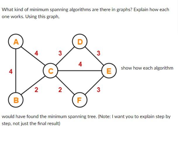 Solved What kind of minimum spanning algorithms are there in | Chegg.com