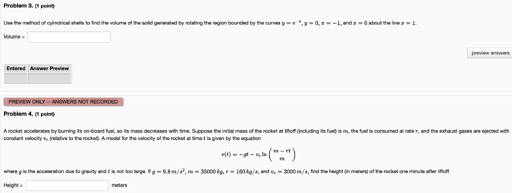 Solved Volume = PREVIEW ONLY - ANSWERS NOT RECORDED Problem | Chegg.com