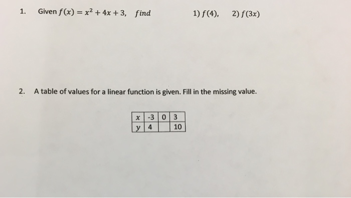 Solved 1. Given f (x) x2 +4x +3, find 1) f(4), 2) f(3x) 2. A | Chegg.com