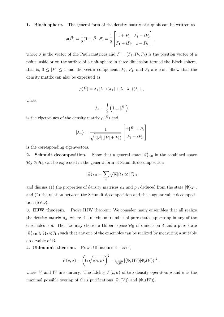 Solved 1. Bloch sphere. The general form of the density | Chegg.com