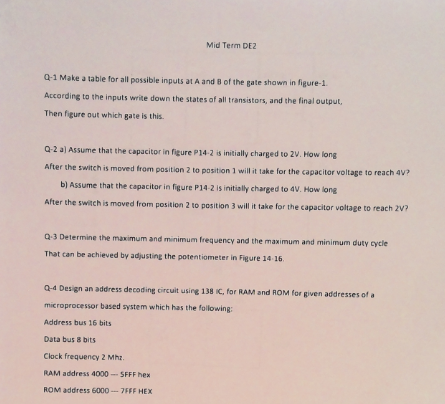 Solved Mid Term DE2 Q-1 Make a table for all possible inputs | Chegg.com