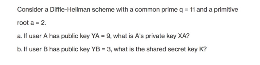 Solved Consider a Diffie-Hellman scheme with a common prime | Chegg.com