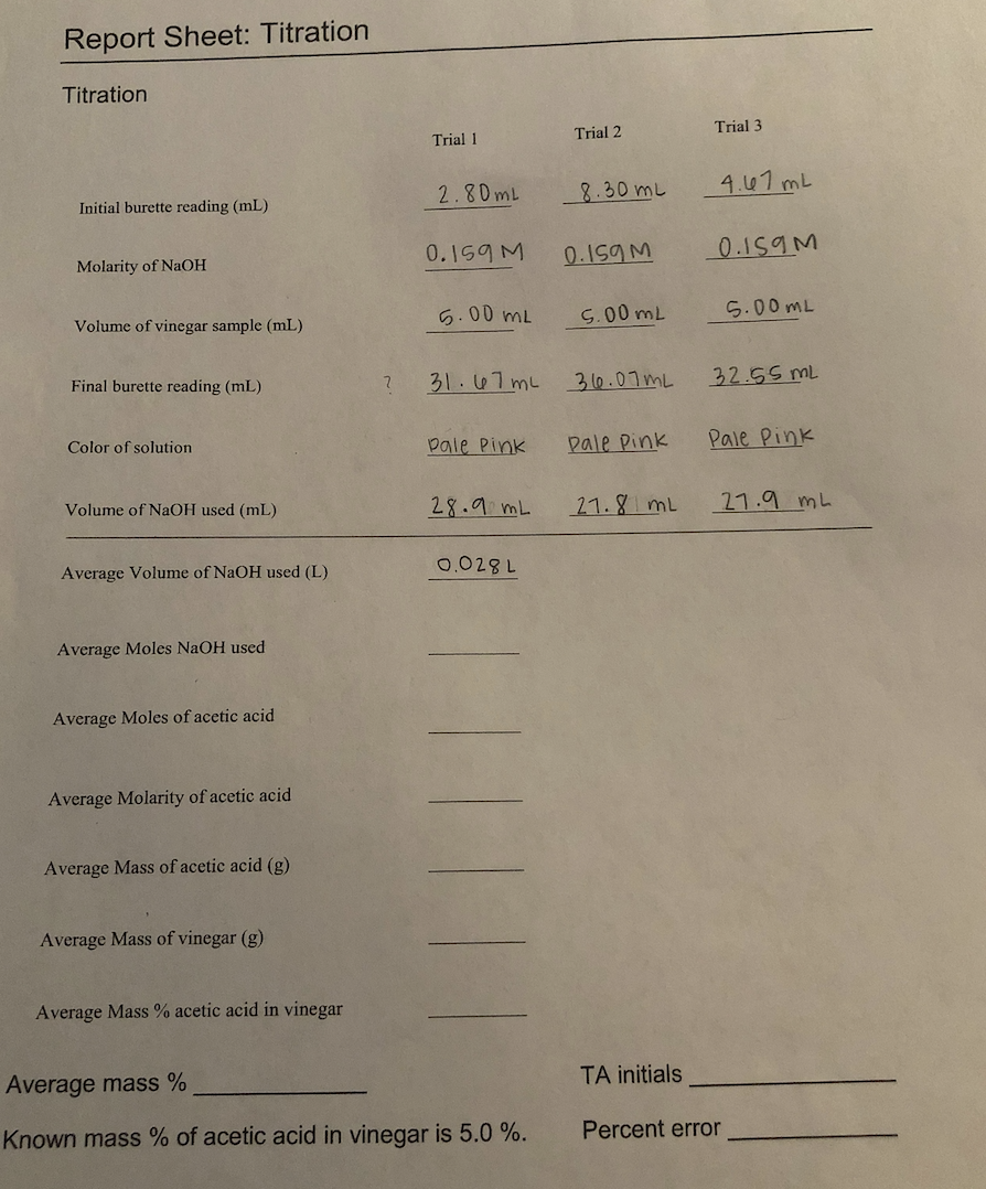 Solved Report Sheet: Titration Titration Trial 2 Trial 3 | Chegg.com