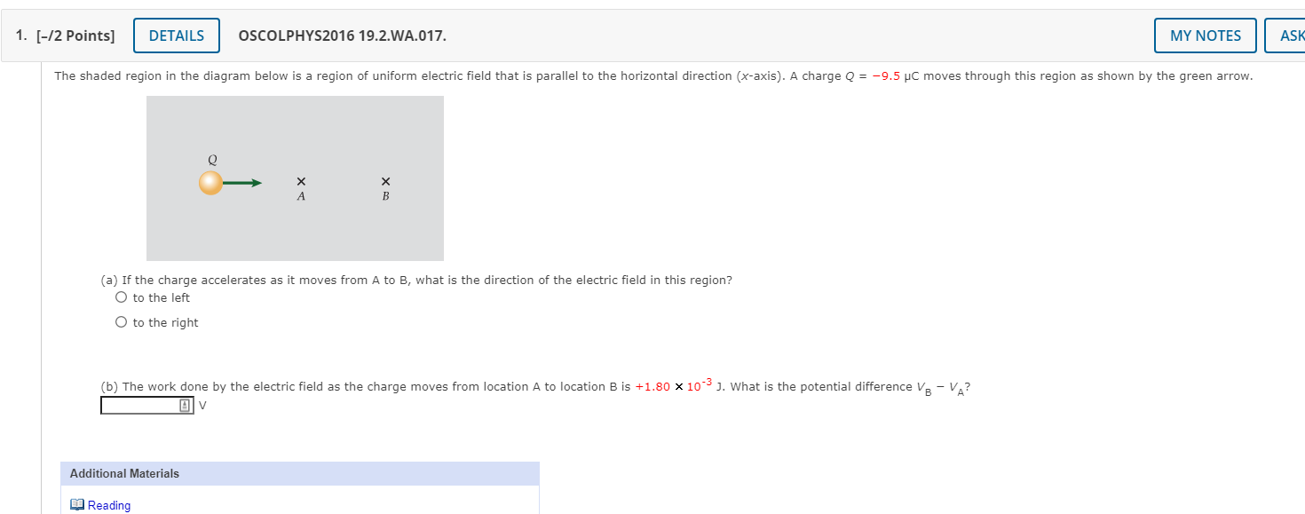 Solved 1. [-/2 Points] DETAILS OSCOLPHYS2016 19.2.WA.017. MY | Chegg.com