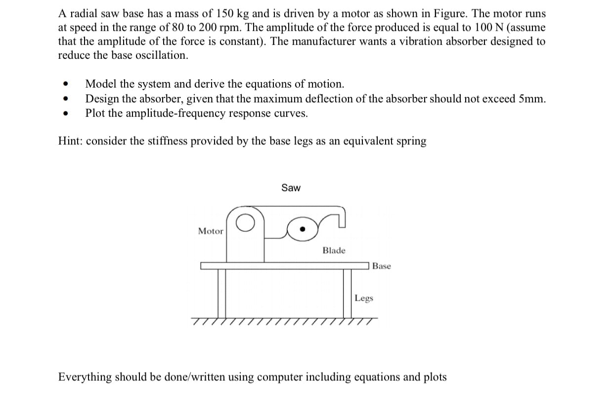 Solved A radial saw base has a mass of 150 kg and is driven | Chegg.com