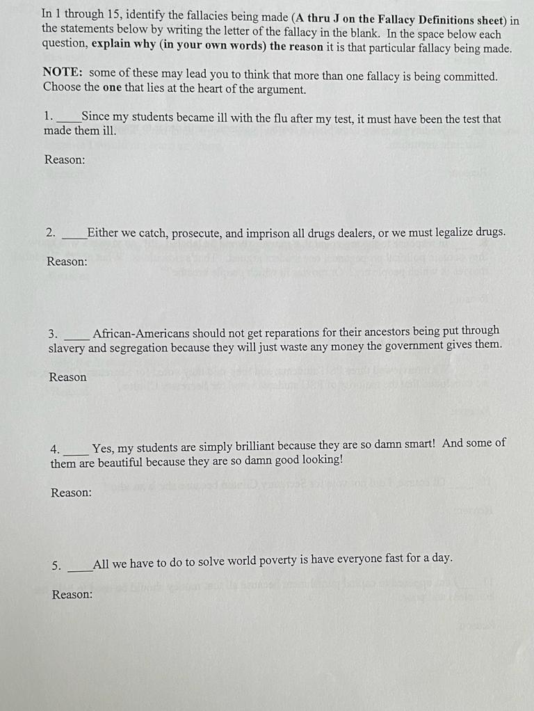 In 1 through 15, identify the fallacies being made (A | Chegg.com