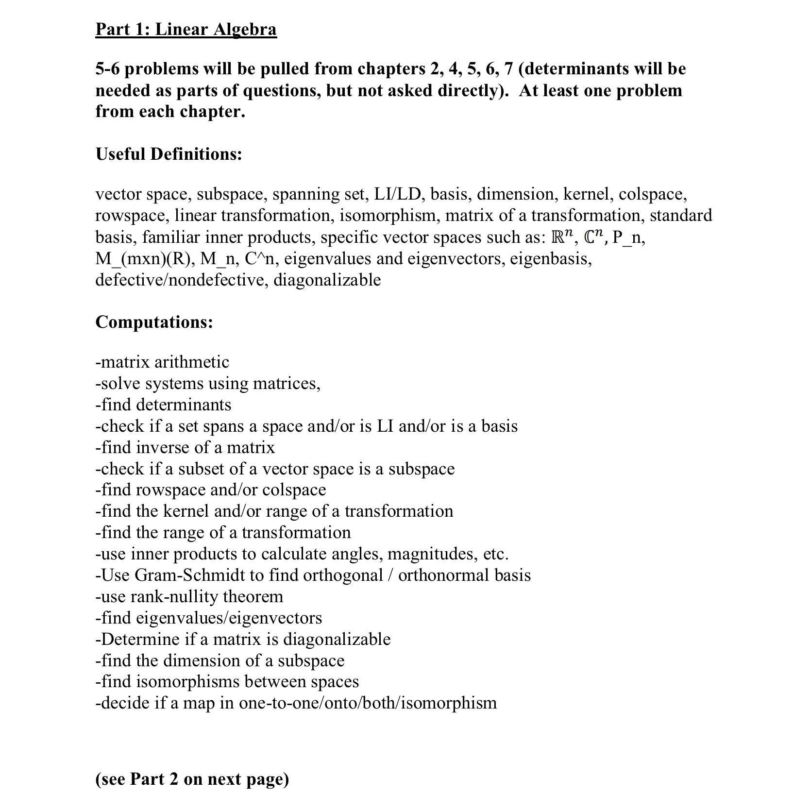 Part 1: Linear Algebra 5-6 problems will be pulled | Chegg.com