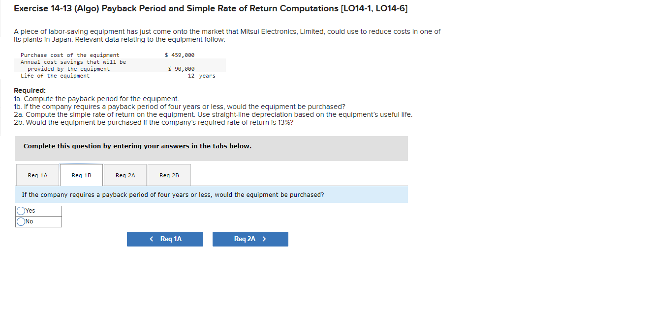 Solved Exercise 14-13 (Algo) Payback Period and Simple Rate | Chegg.com