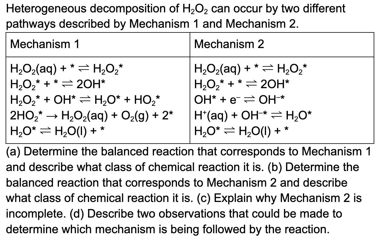 Solved Heterogeneous decomposition of H2O2 ﻿can occur by two | Chegg.com