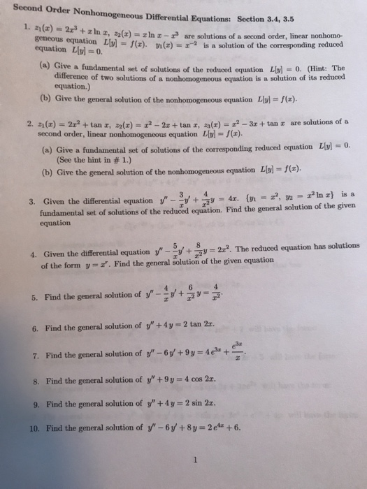 Solved Second Order Nonhomogeneous Differential Equations: | Chegg.com