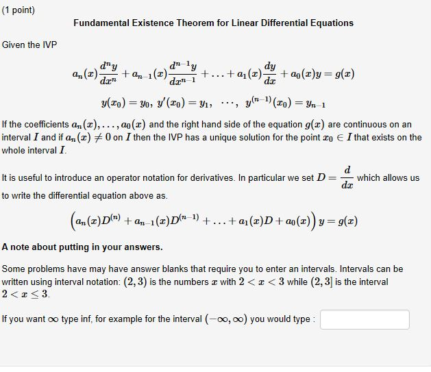 Solved (1 point) Fundamental Existence Theorem for Linear | Chegg.com
